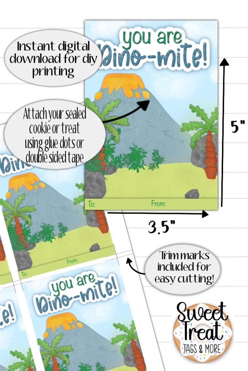 Printable Valentines Day Cookie Card you Are Dino-mite 3.5x5 Dinosaur ...