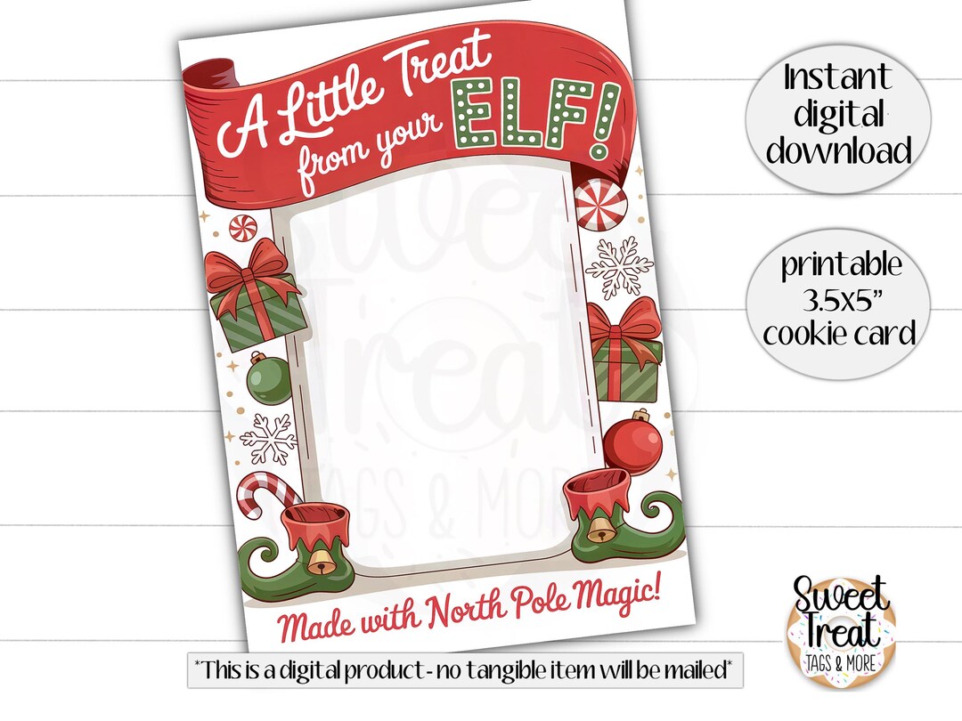Printable Christmas Cookie Card - a Treat From Your Elf - Elf Cookie ...