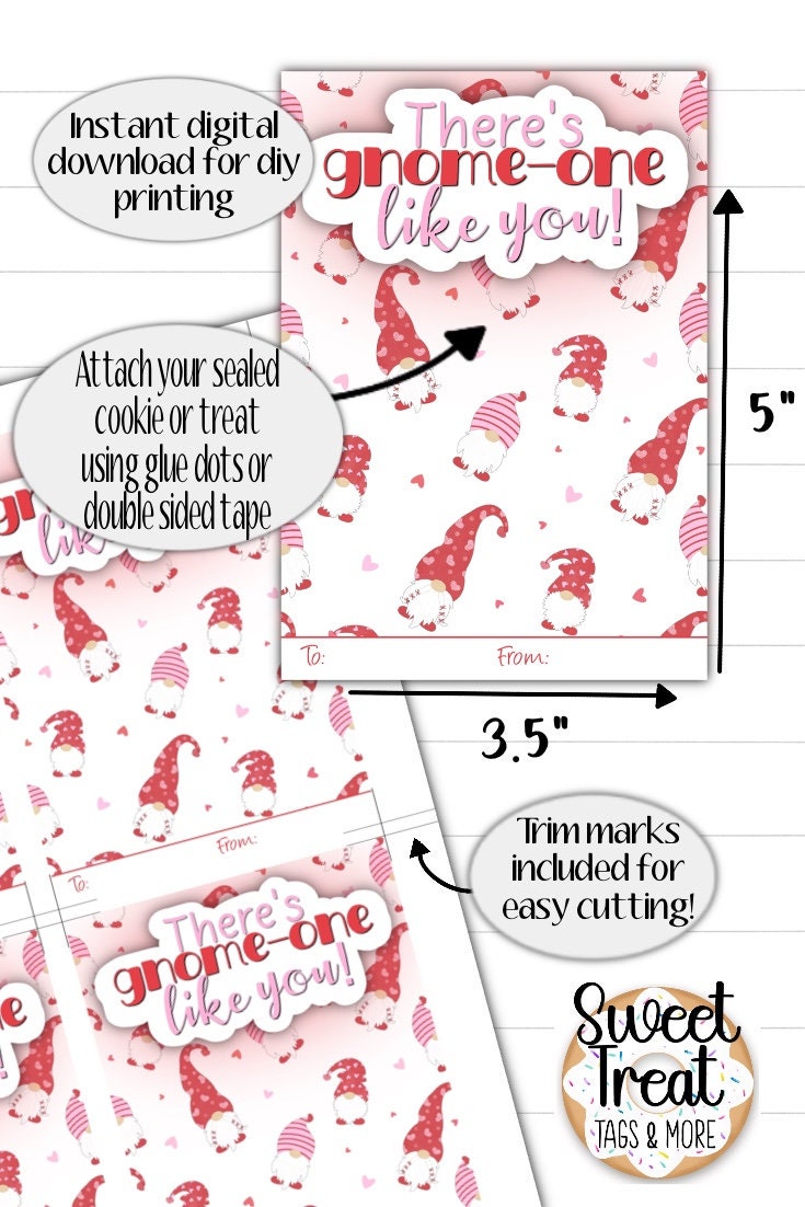 Printable Valentines Day Cookie Card There's Gnome One Like You 3.5x5 ...