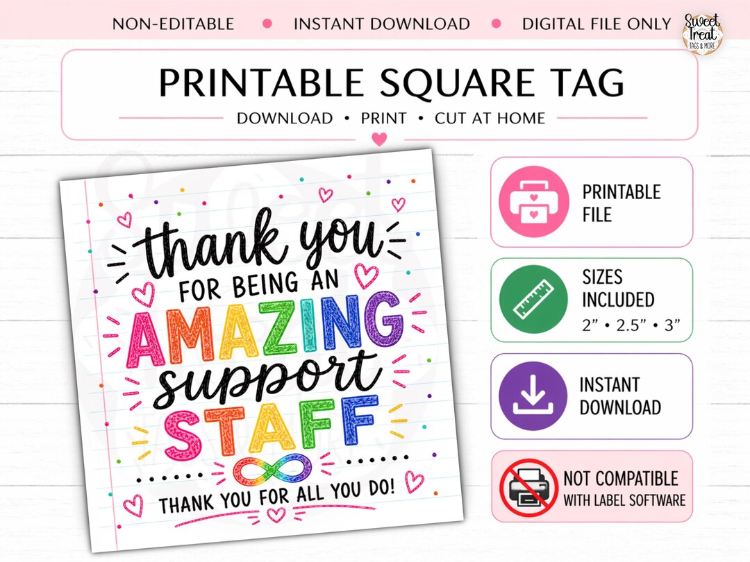 Support Staff Appreciation Tag Printable, School Staff Thank You Tag ...