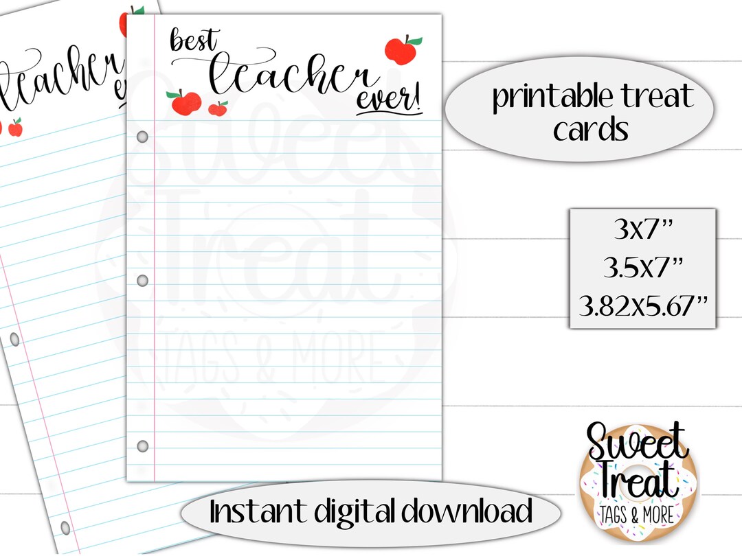 Printable Teacher Appreciation Treat Card Set - Best Teacher Ever - 3x7 ...