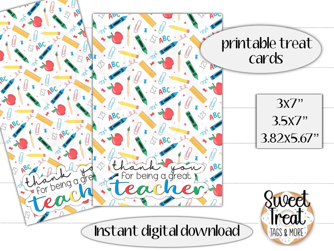 Printable Teacher Appreciation Treat Card Set -great Teacher - 3x7, 3 ...