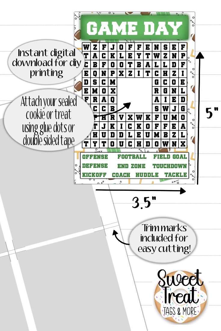 Printable Football Cookie Card - Game Day - 3.5x5" Word Search Cookie ...