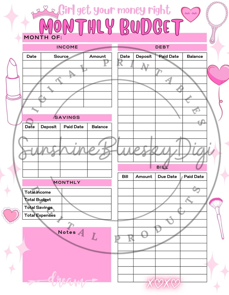 Barbie Inspired Budget Sheet, Pink Theme, Make up Theme, Pink and White ...