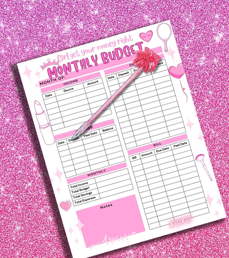 Barbie Inspired Budget Sheet, Pink Theme, Make up Theme, Pink and White ...