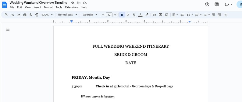 FULL Wedding Weekend Timeline/itinerary Customizable - Etsy