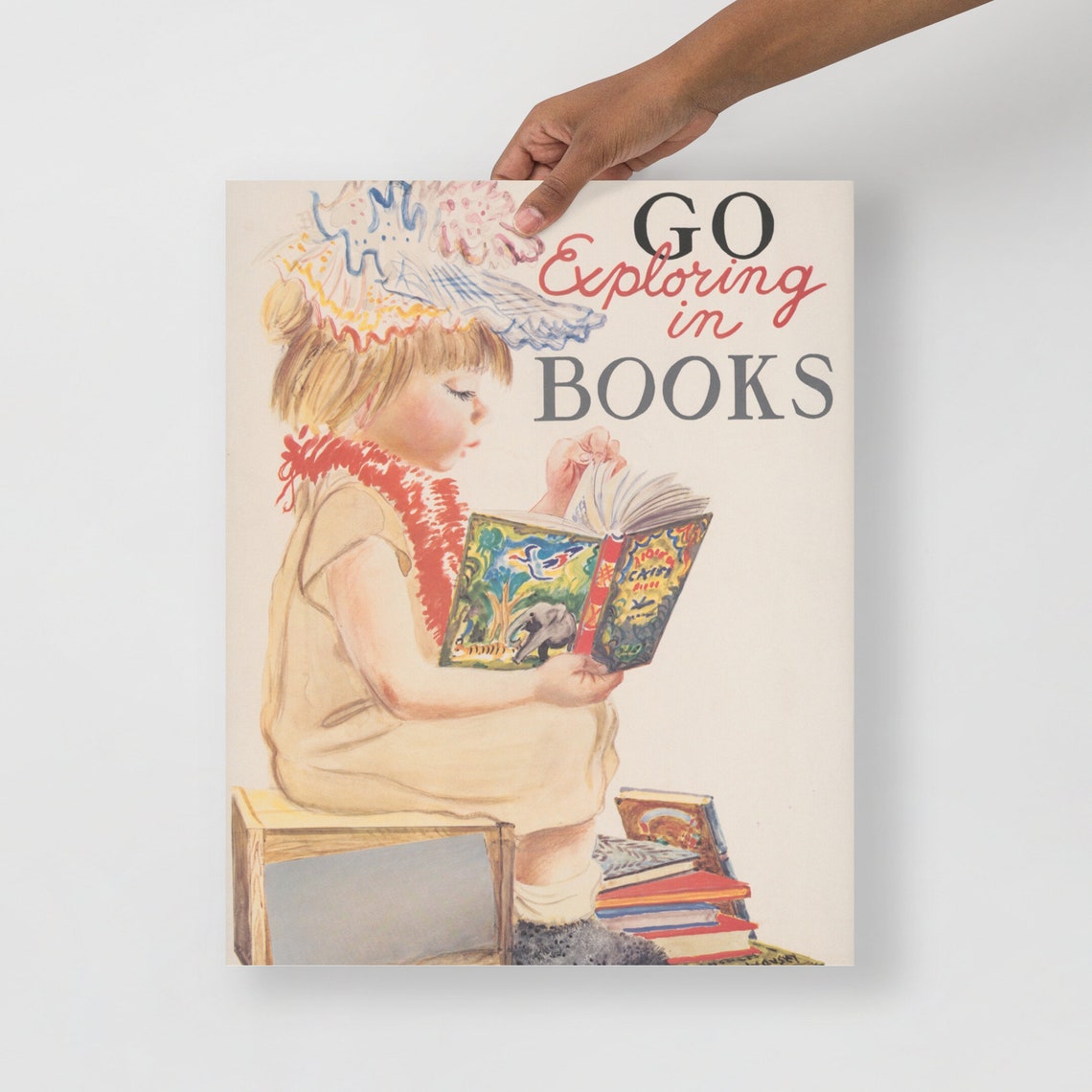 Go Exploring in Books Vintage Reading Poster Little Girl in Beige and ...