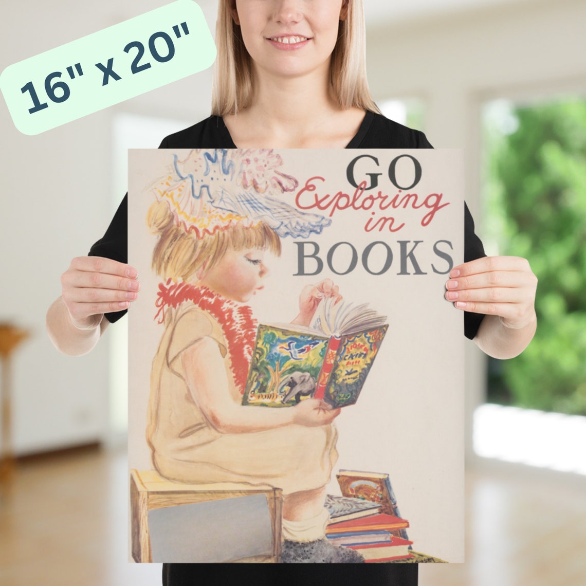 Go Exploring in Books Vintage Reading Poster Little Girl in Beige and ...