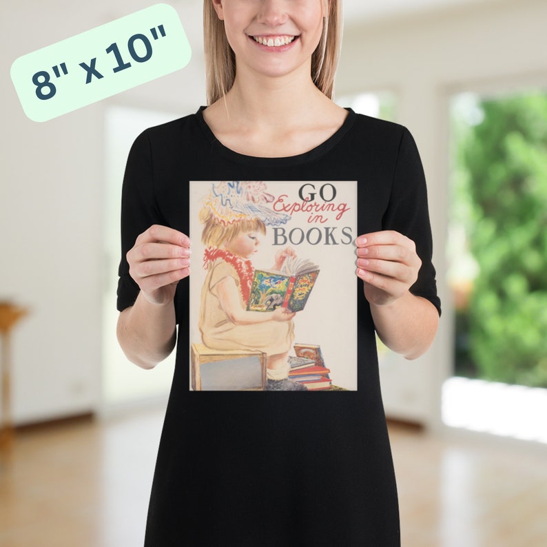 Go Exploring in Books Vintage Reading Poster Little Girl in Beige and ...