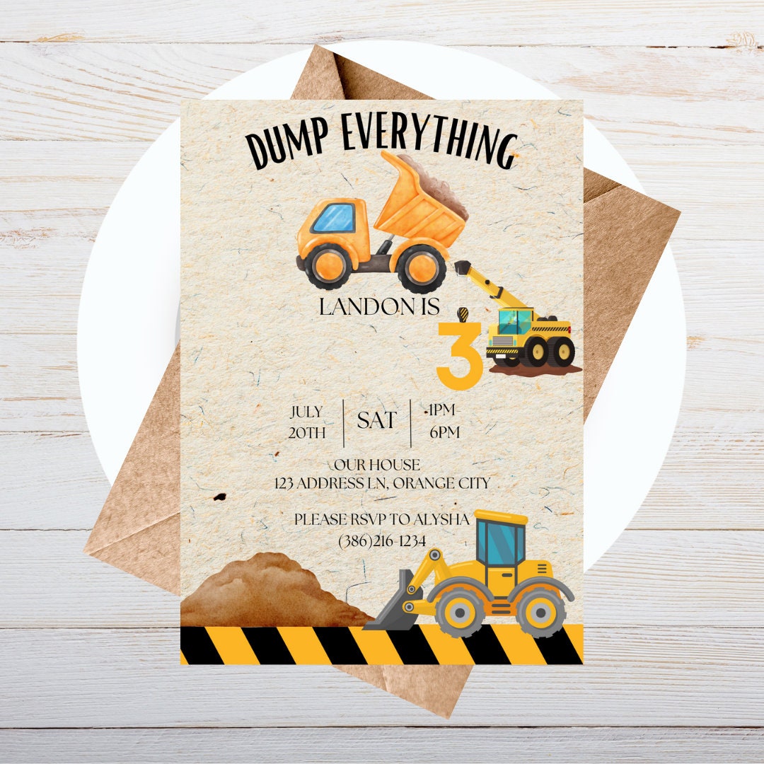 Custom Construction Invitation, Construction Birthday Invitations, Dump ...