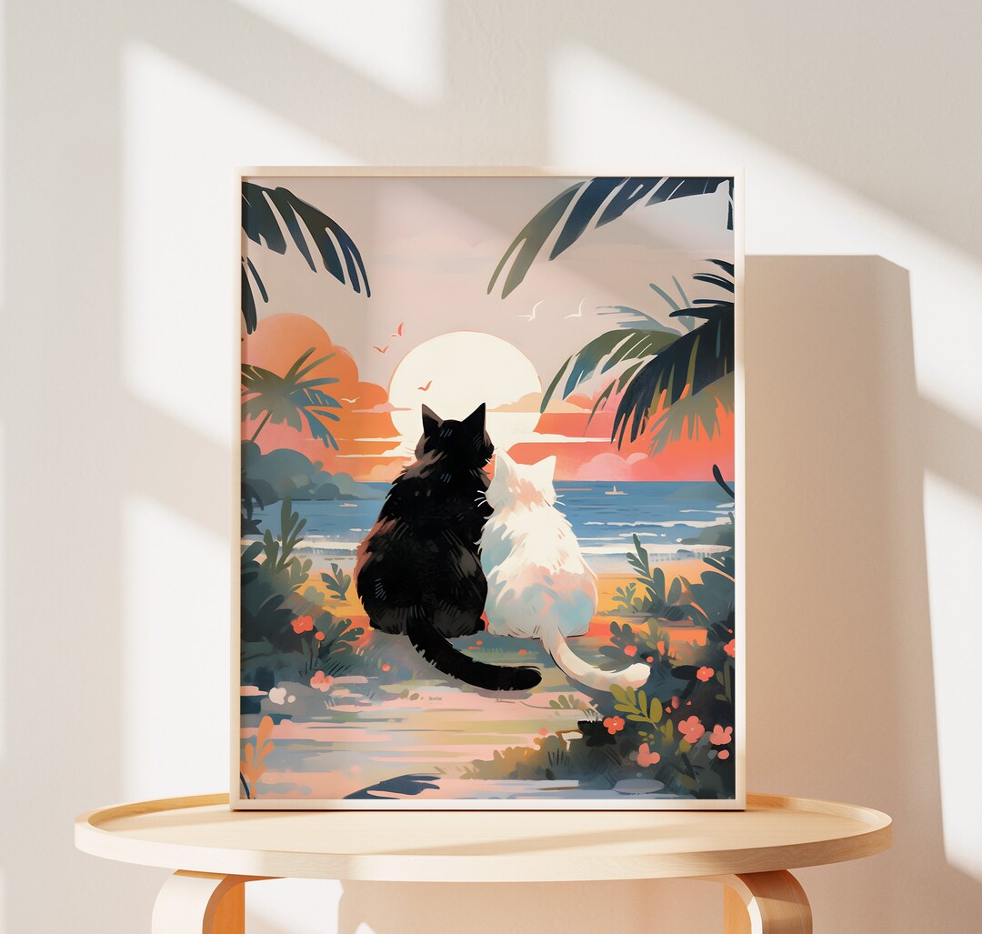 Cute Cat Poster of Sunset Beach Cat Couple Print of Valentines Gifts ...