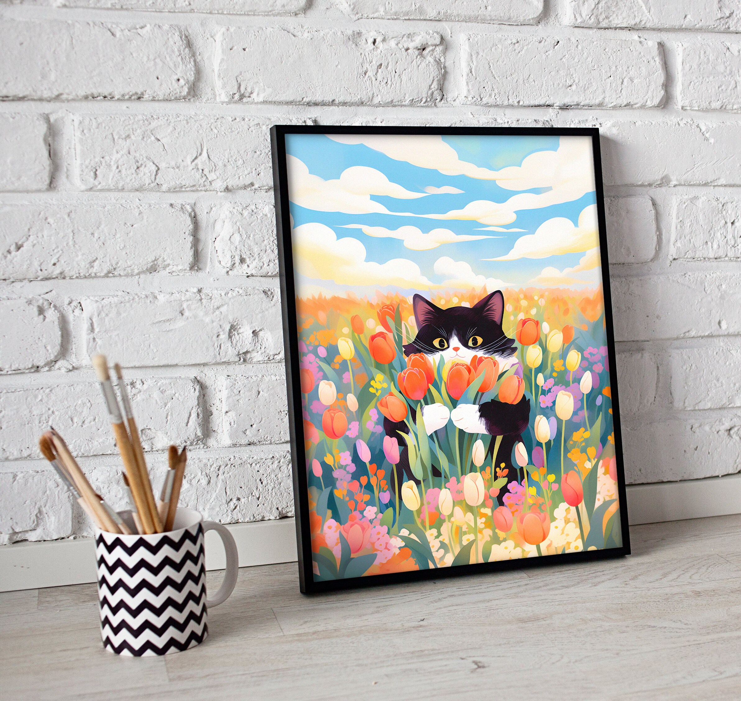 Cute Tuxedo Cat Poster of Tulip Art Print of Spring Floral Painting of ...