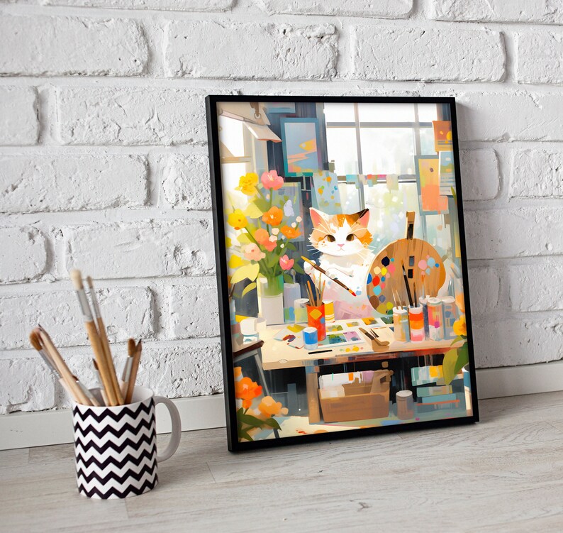 Funny Cat Poster of A Painting Artist Cat Wall Art of Lovely White Cat ...