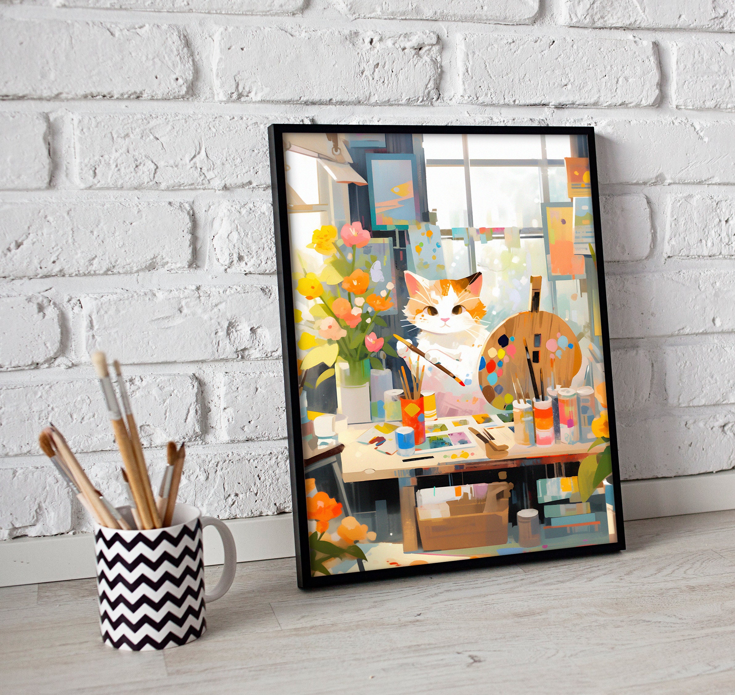 Funny Cat Poster of A Painting Artist Cat Wall Art of Lovely White Cat ...