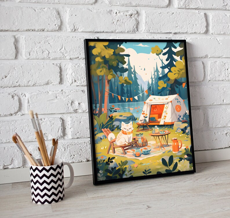 Cute Cat Poster of Outdoor Camp Print of Cozy Cat Painting of Cat Mom ...