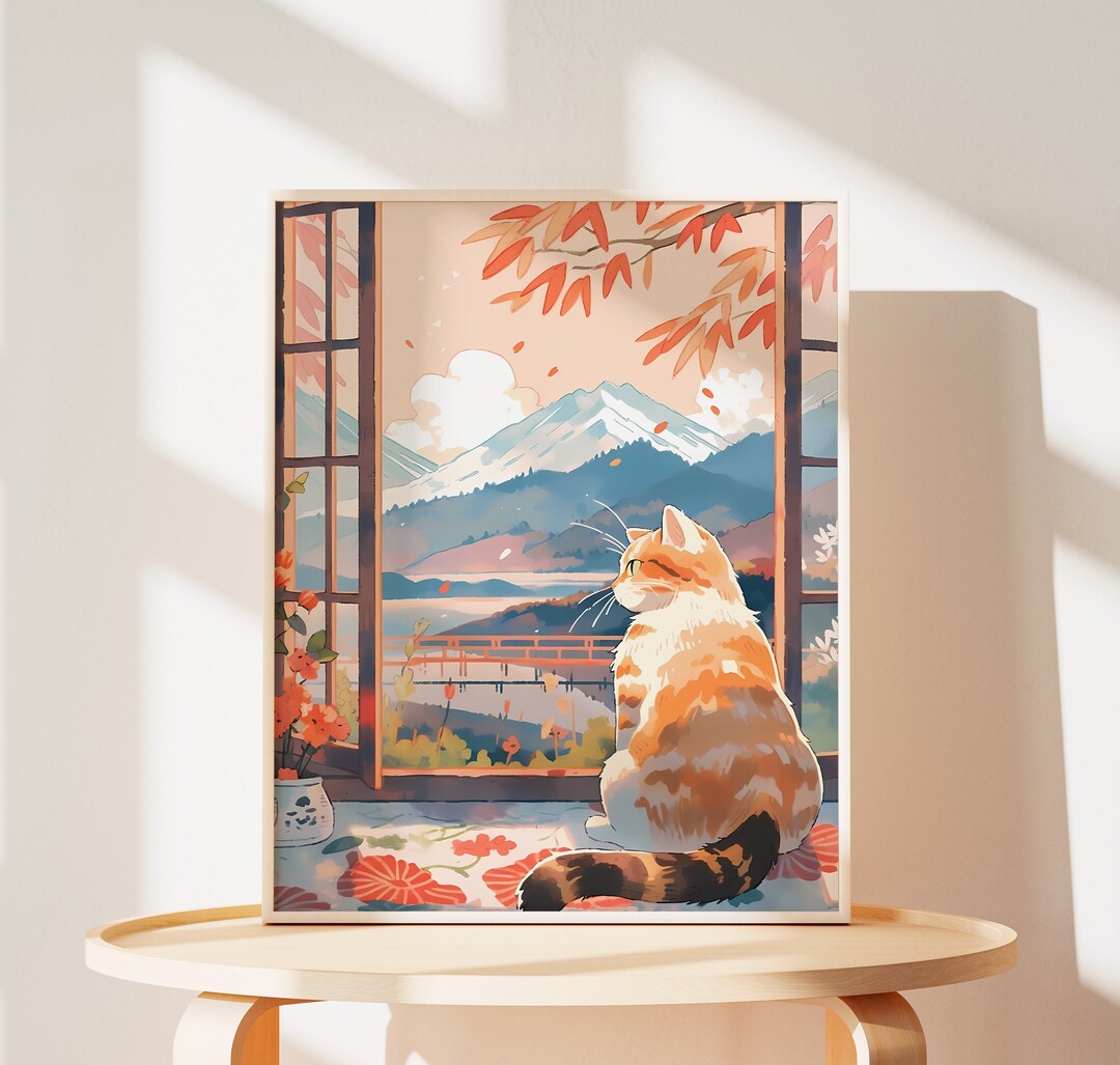 Cute Cat Art Print of Mount Fuji Japan Gift for Her Mt Fuji Cat Mom ...