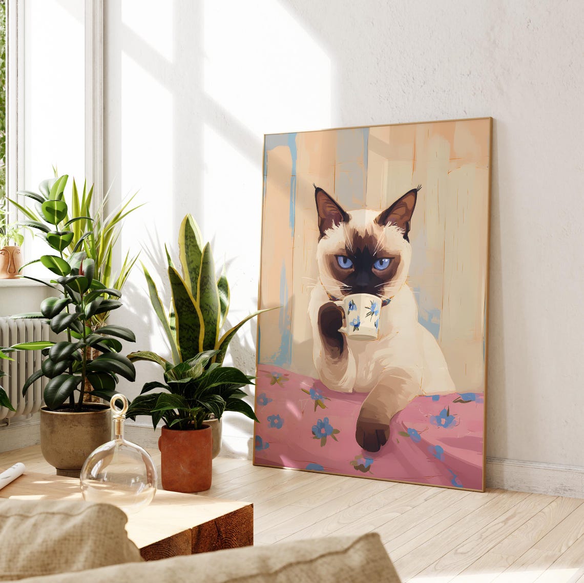 Fun Siamese Cat Poster of Siamese Cat Wall Art of Coffee Cat Painting ...