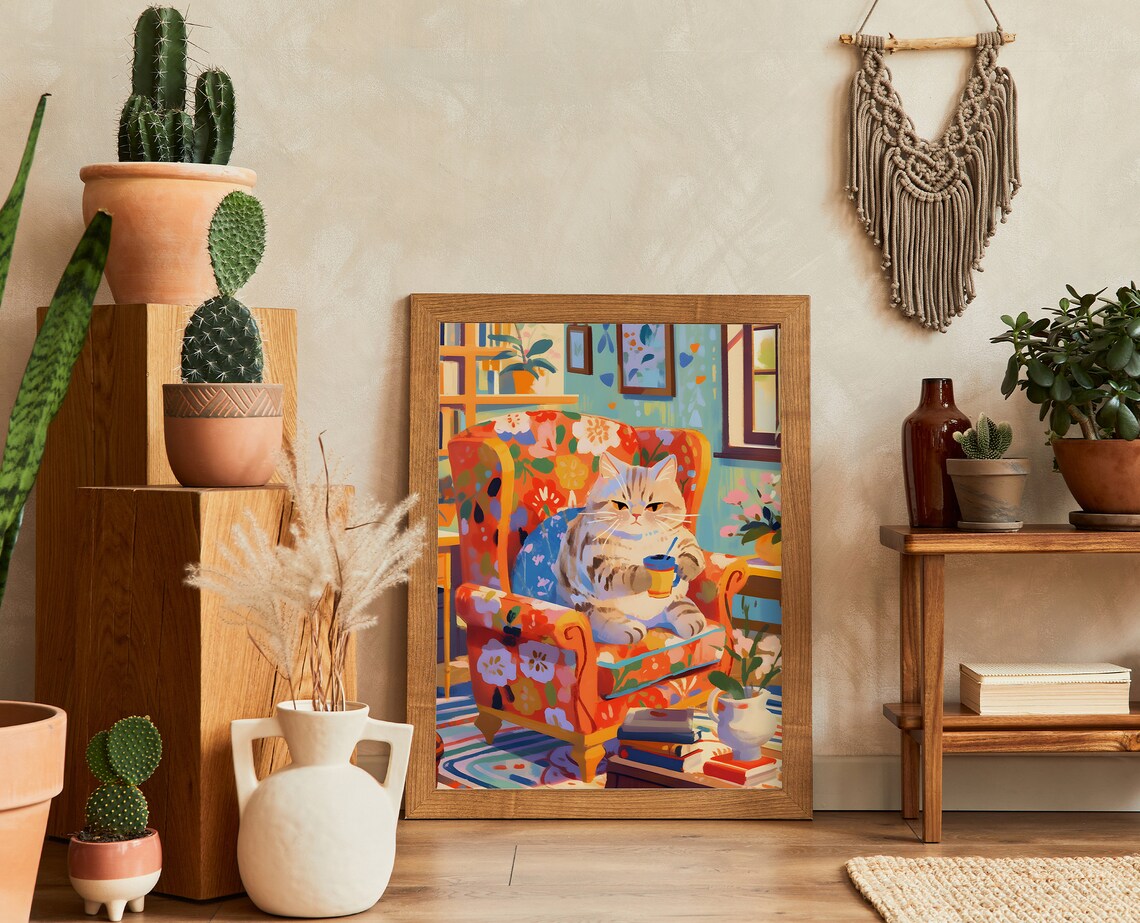 Cozy Tabby Cat Poster of Cat Wall Art of Drink Prints of Cat Painting ...