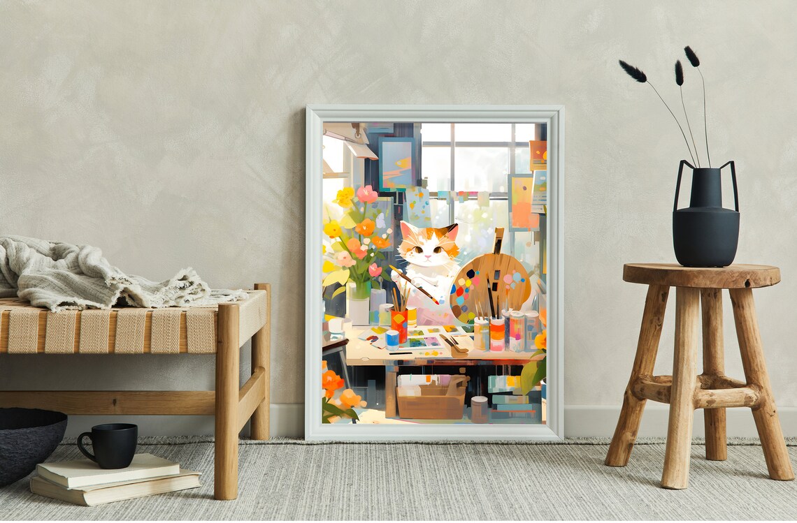 Funny Cat Poster of A Painting Artist Cat Wall Art of Lovely White Cat ...
