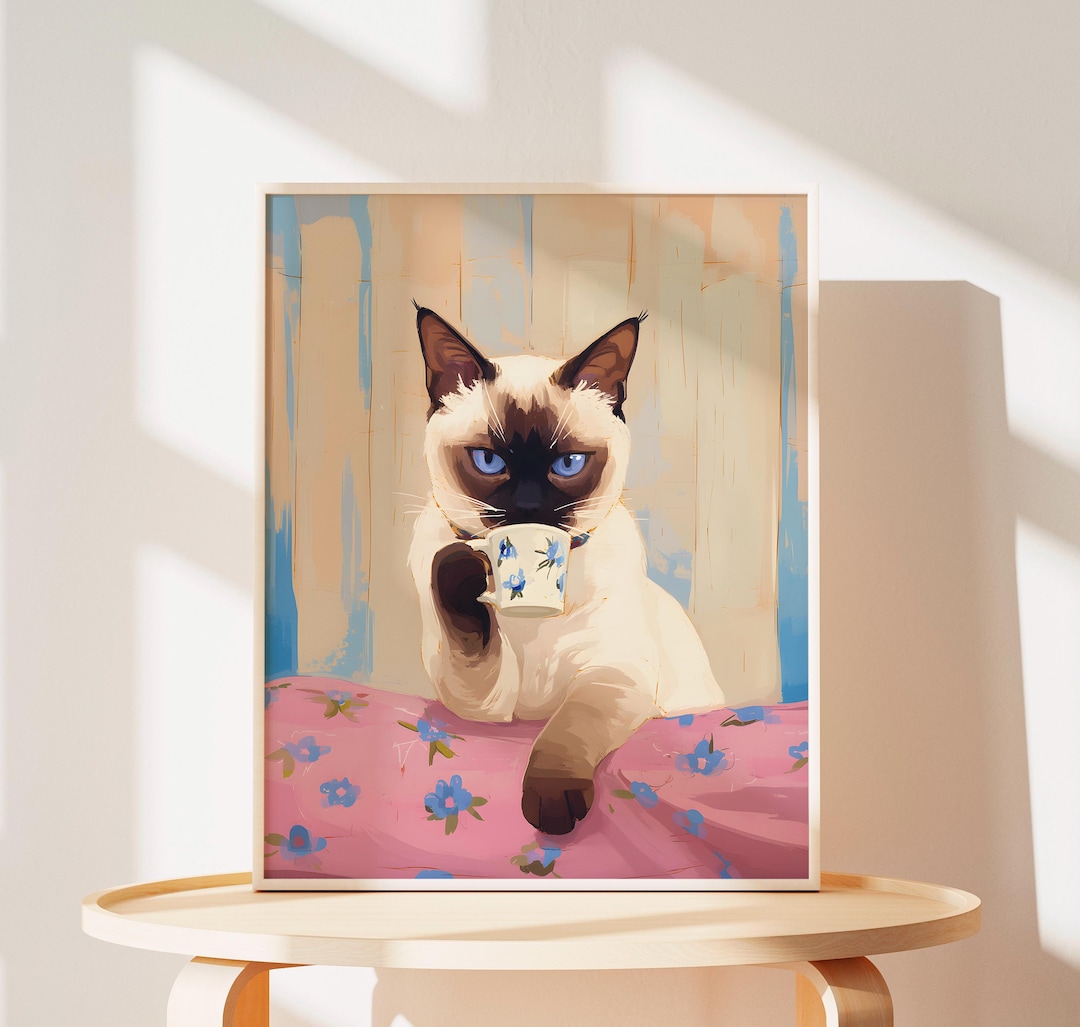 Fun Siamese Cat Poster of Siamese Cat Wall Art of Coffee Cat Painting ...