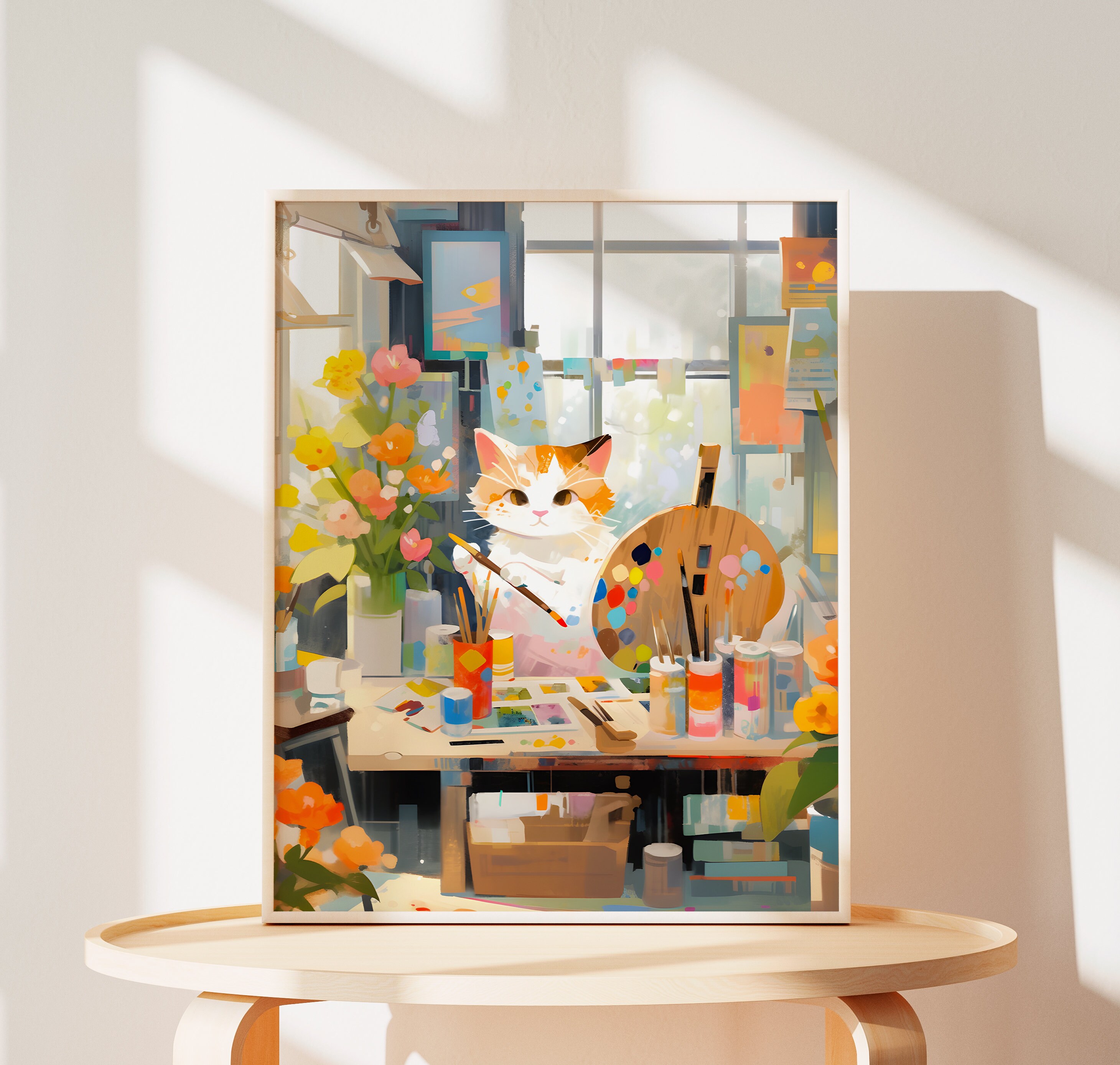 Funny Cat Poster of A Painting Artist Cat Wall Art of Lovely White Cat ...