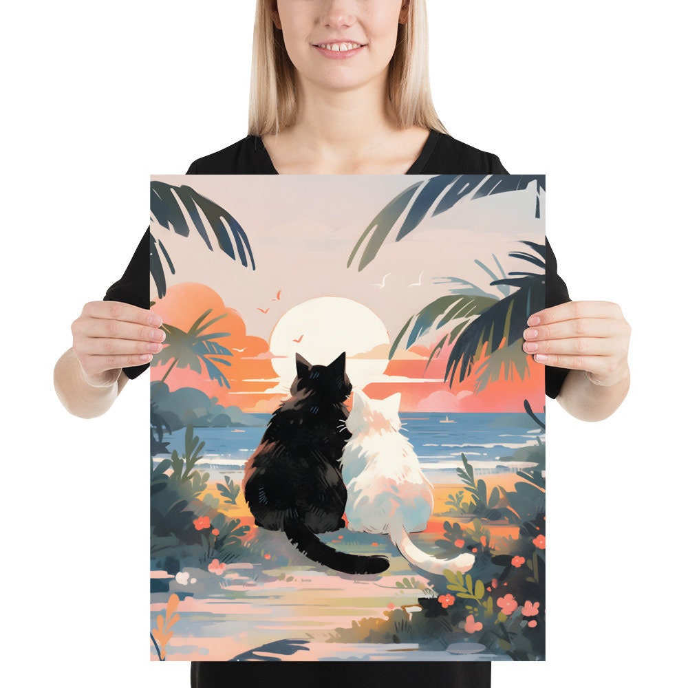 Cute Cat Poster of Sunset Beach Cat Couple Print of Valentines Gifts ...