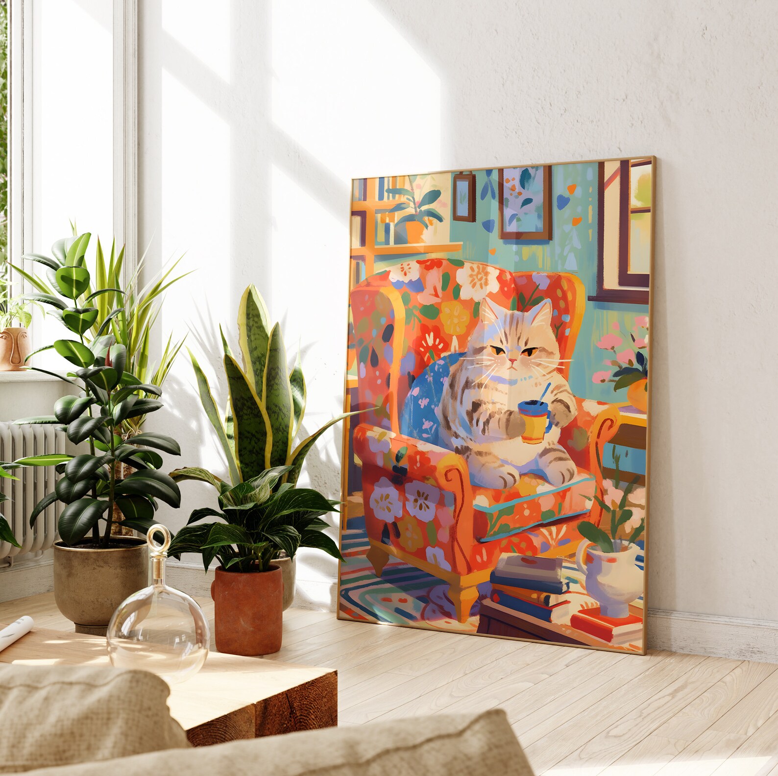 Cozy Tabby Cat Poster of Cat Wall Art of Drink Prints of Cat Painting ...