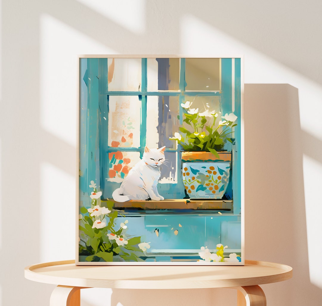 Cozy White Cat Poster of White Cat Print of Lovely Cat Gifts for Her ...