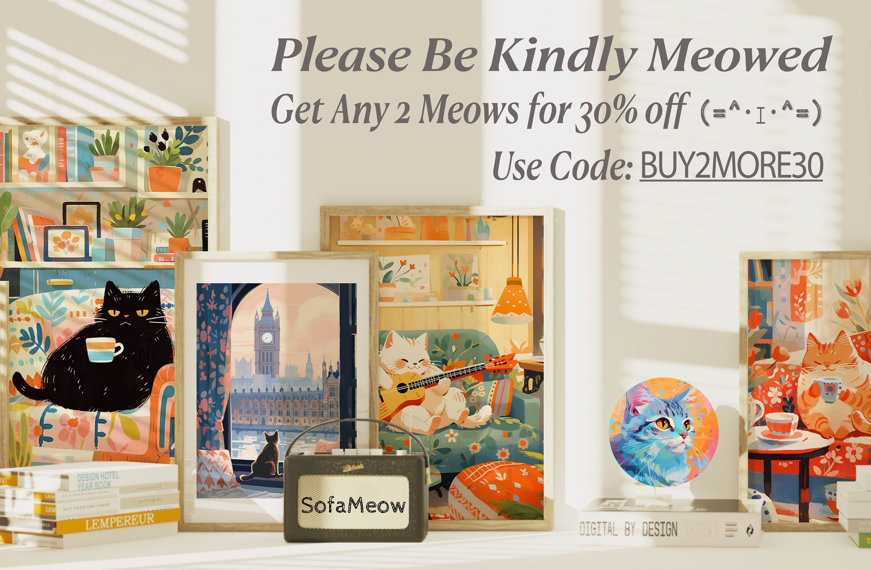 Cozy Tabby Cat Poster of Cat Wall Art of Drink Prints of Cat Painting ...