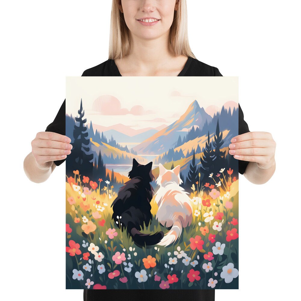 Cat Couple Art Print: Mountain Lake, Floral Landscape Poster - Etsy