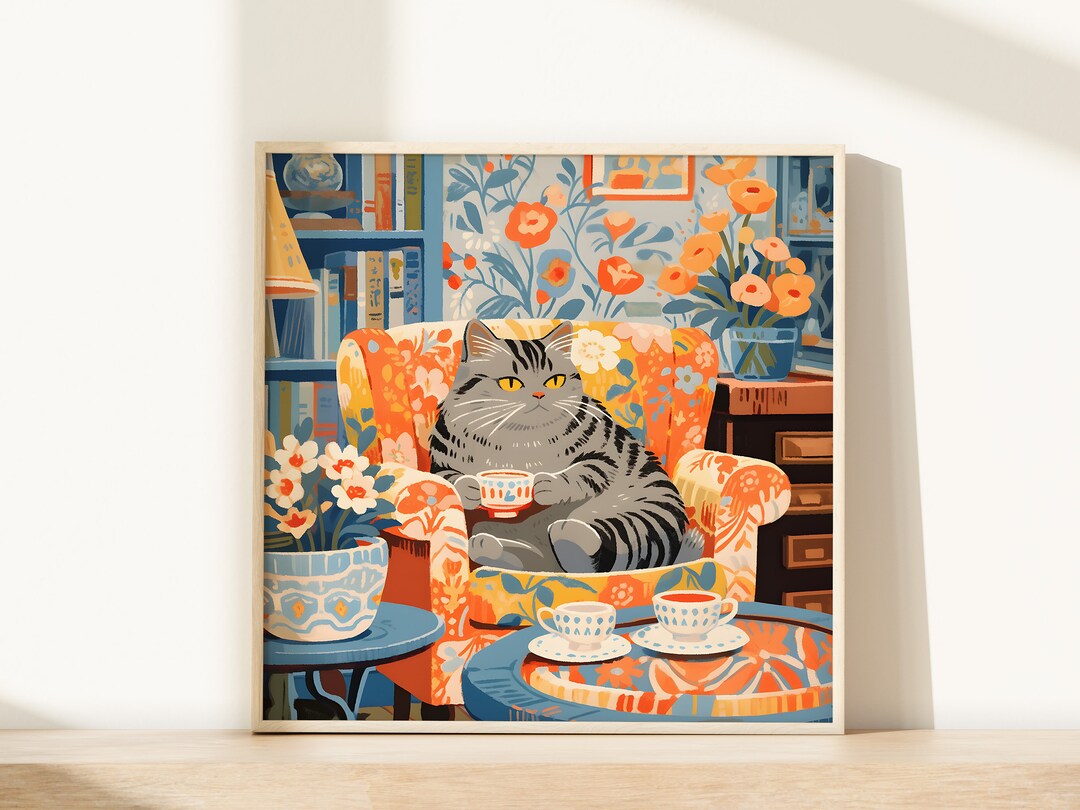 Cozy Tabby Cat Print of Coffee Wall Art of Grey Tabby Cat Poster Gifts ...