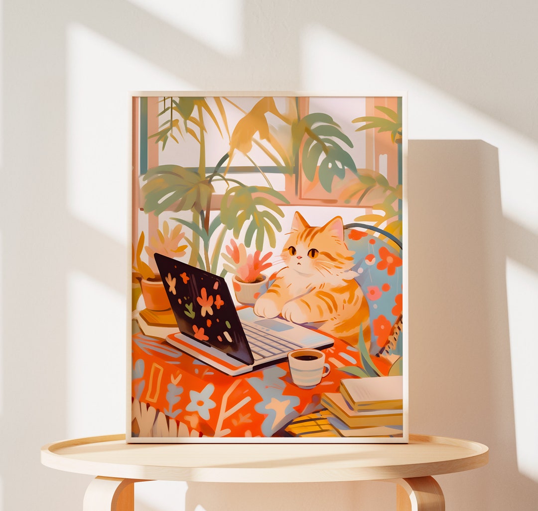 Funny Typing Cat Poster of Office Lady Tabby Cat Wall Art of Lovely ...