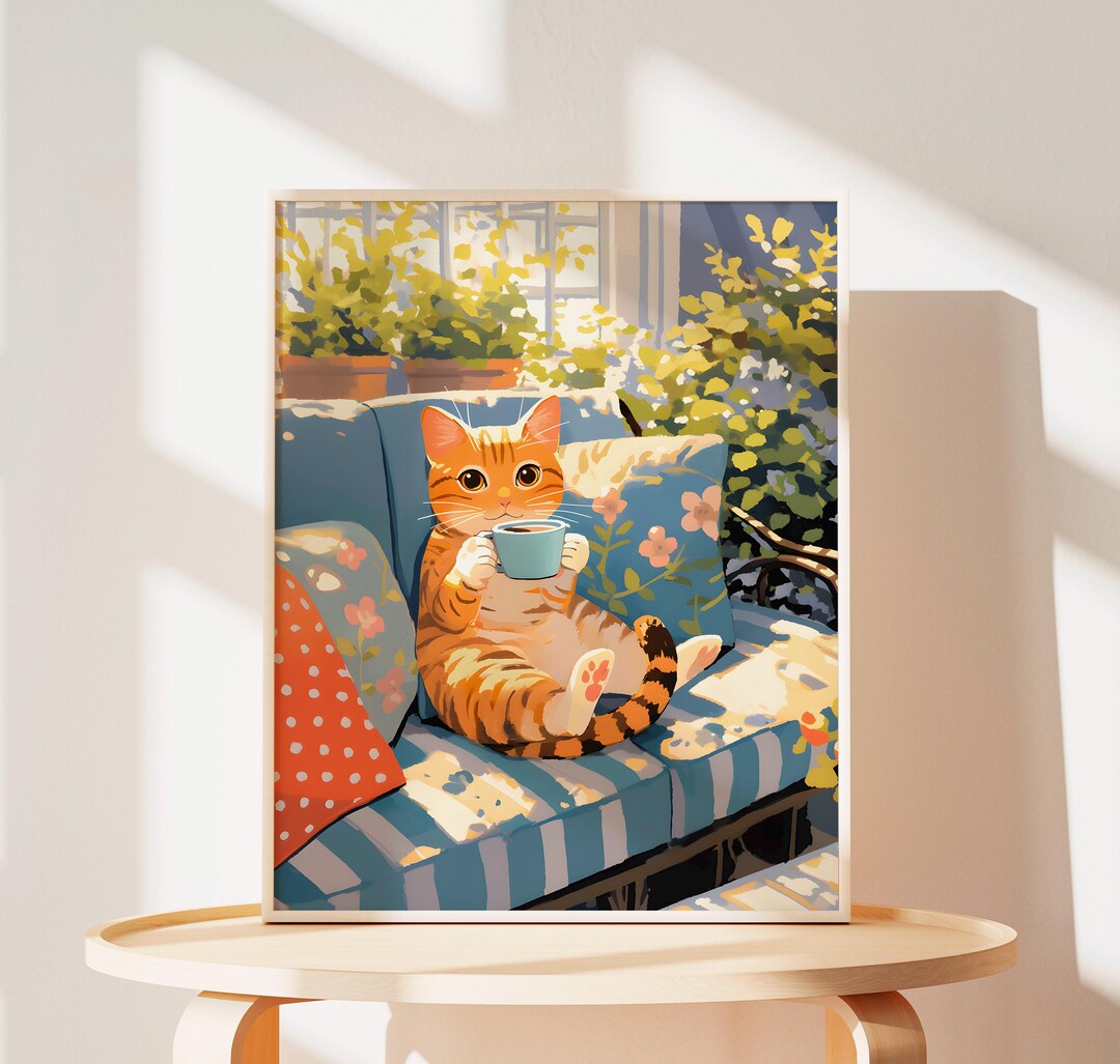 Cute Brown Tabby Cat Poster of Brownish Tabby Cat Wall Art of Coffee ...