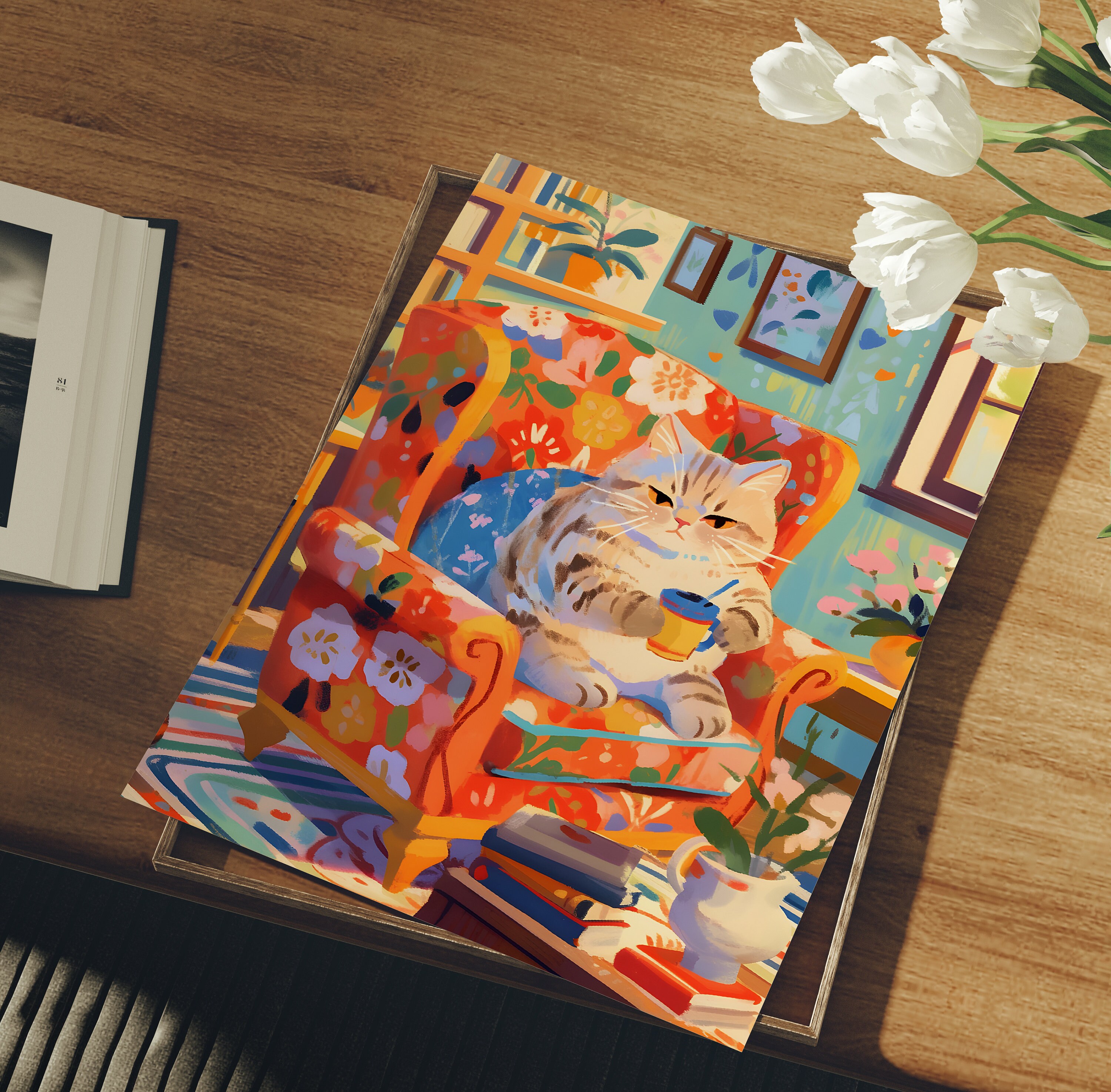 Cozy Tabby Cat Poster of Cat Wall Art of Drink Prints of Cat Painting ...