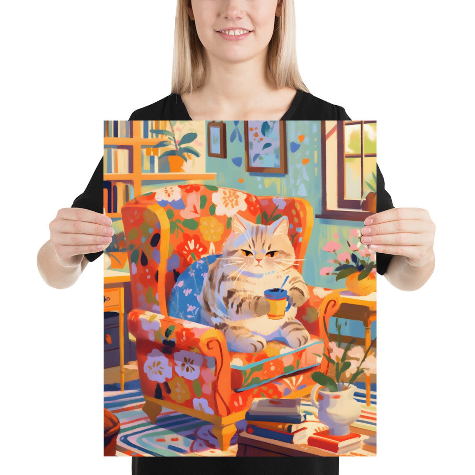 Cozy Tabby Cat Poster of Cat Wall Art of Drink Prints of Cat Painting ...