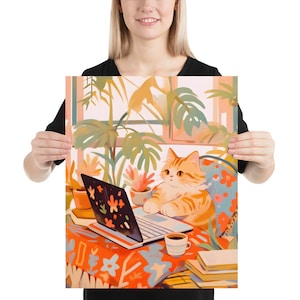 Funny Typing Cat Poster of Office Lady Tabby Cat Wall Art of Lovely ...