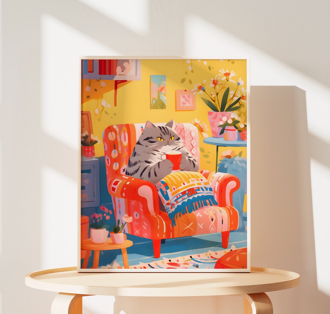 Cute Grey Tabby Cat Print of Blue Tabby Cat Wall Art of Coffee Cat ...