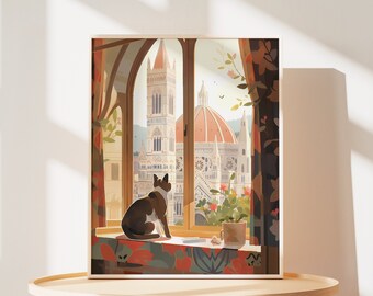 Cute Cat Print of Cat Wall Art of Coffee Lovely Cat Painting of Cat Mom ...