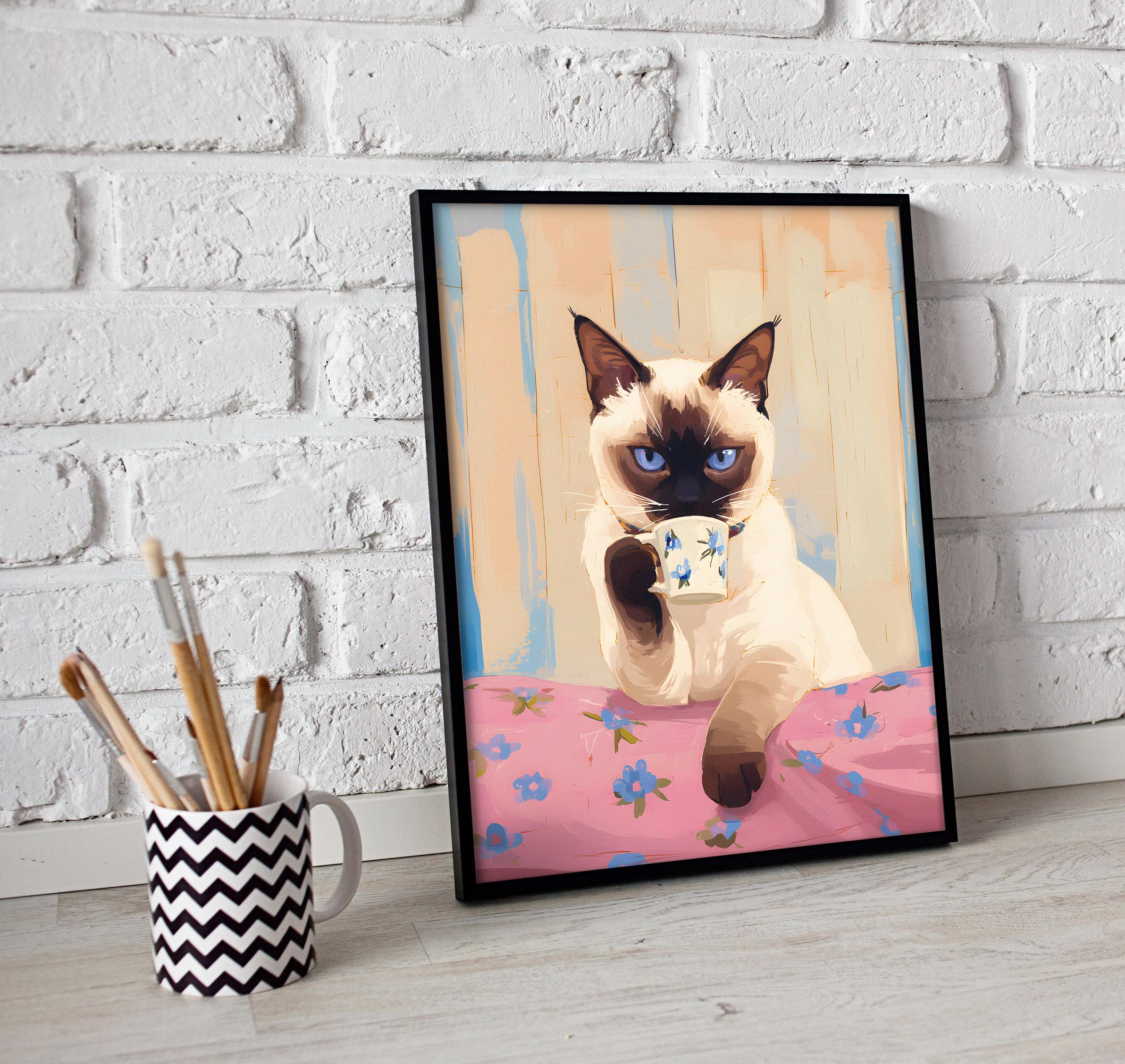 Fun Siamese Cat Poster of Siamese Cat Wall Art of Coffee Cat Painting ...