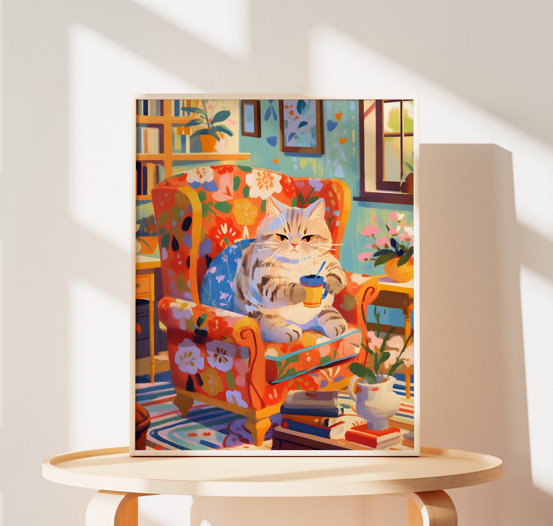 Cozy Tabby Cat Poster of Cat Wall Art of Drink Prints of Cat Painting ...