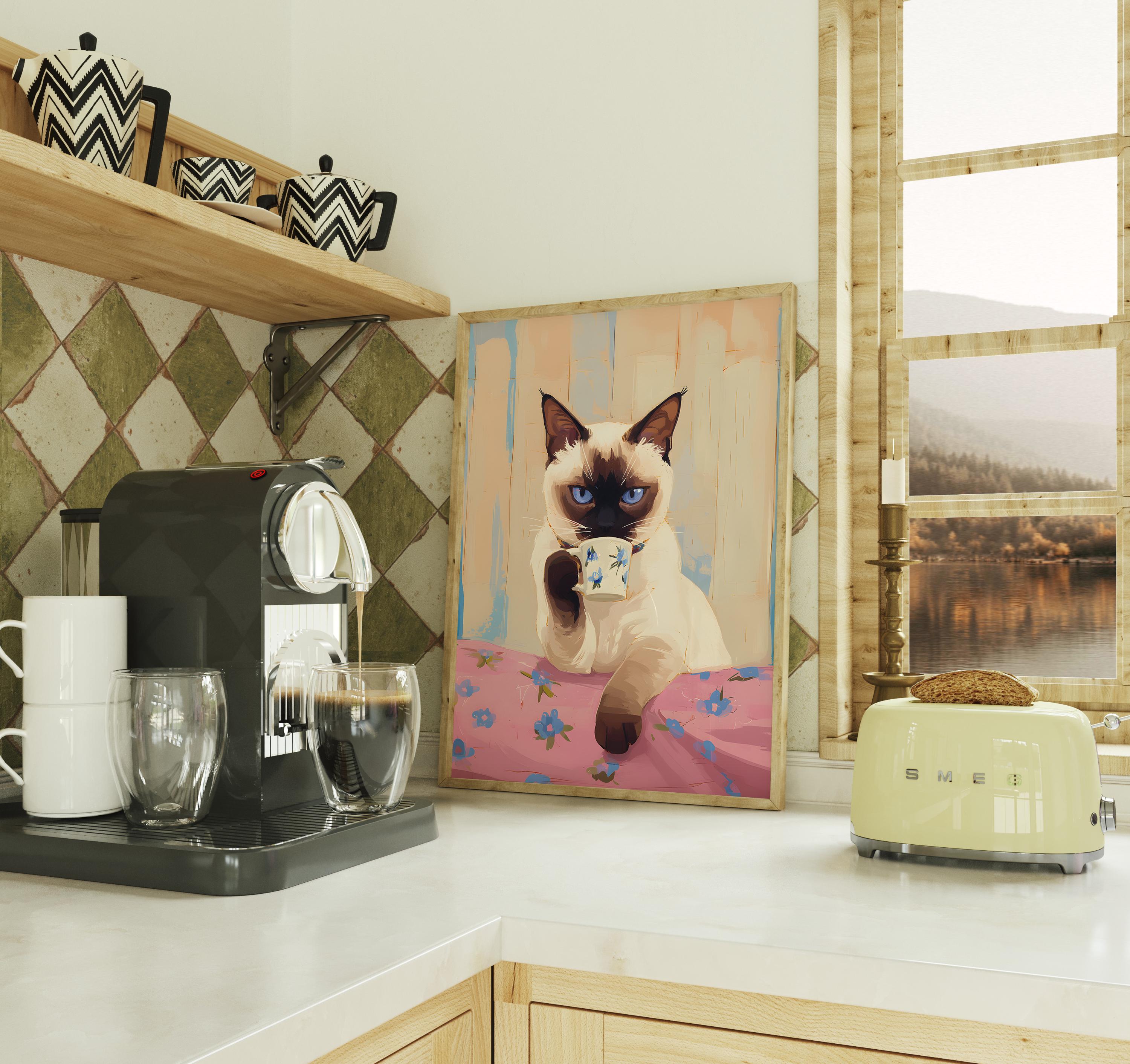 Fun Siamese Cat Poster of Siamese Cat Wall Art of Coffee Cat Painting ...