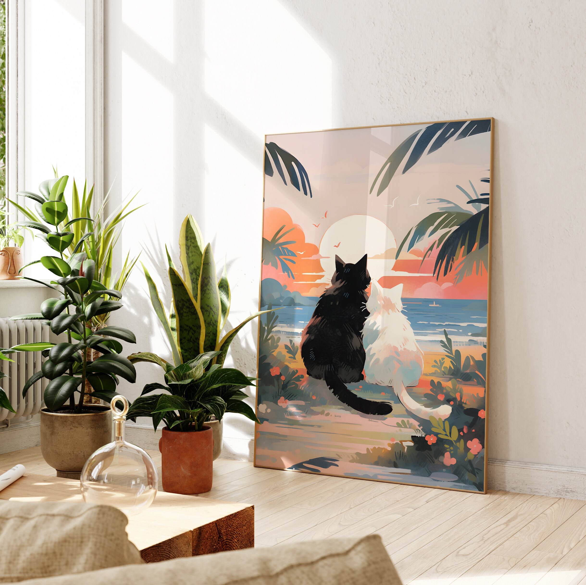 Cute Cat Poster of Sunset Beach Cat Couple Print of Valentines Gifts ...