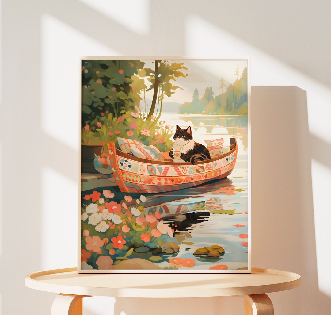Calico Cat Canoe Lake Art Print, Cozy Cabin Decor - Etsy