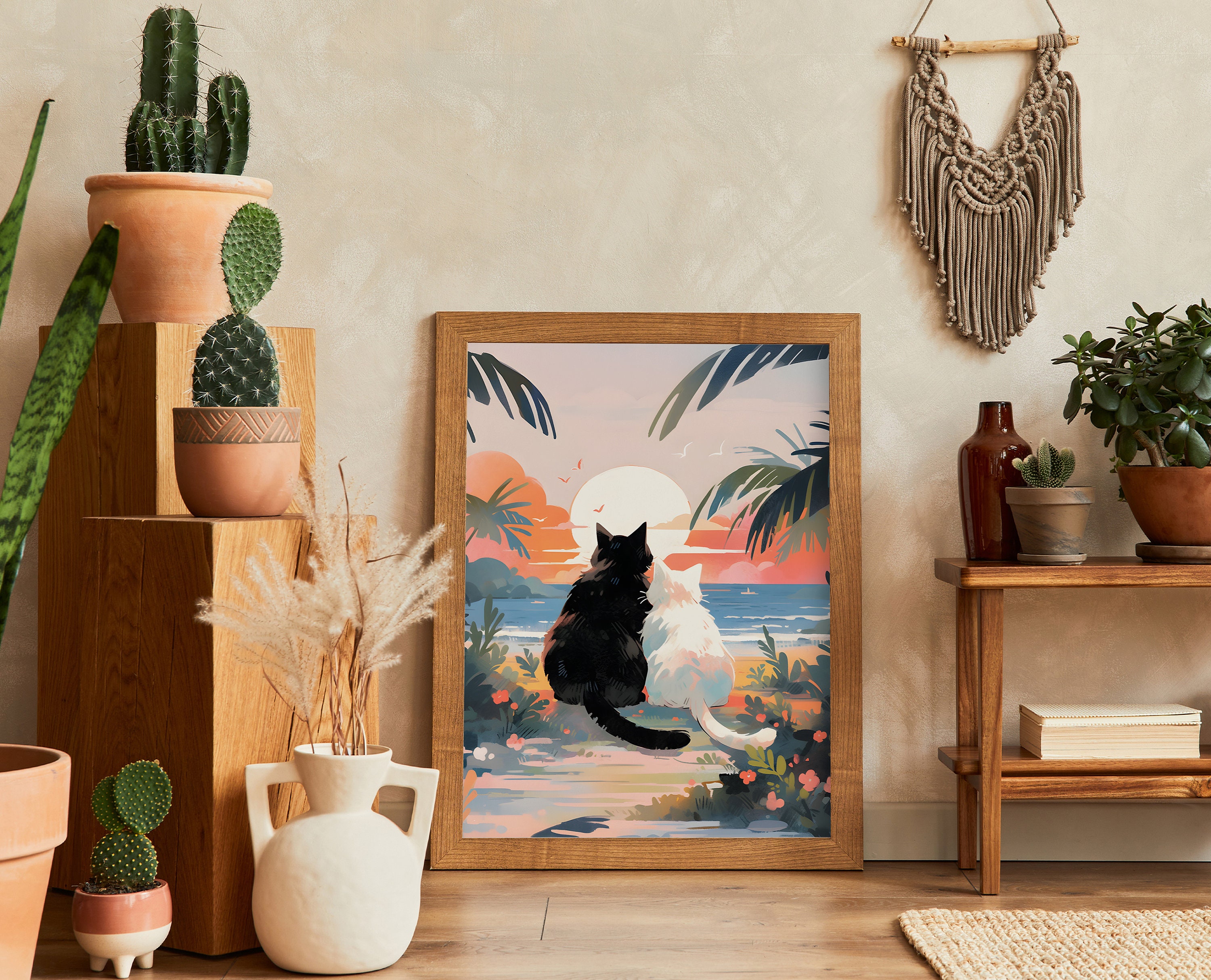 Cute Cat Poster of Sunset Beach Cat Couple Print of Valentines Gifts ...