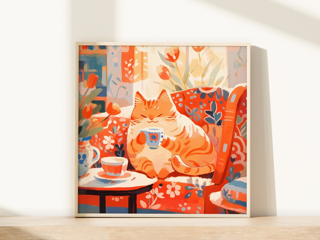 Sweet Ginger Cat Prints of Coffee Wall Art of Orange Tabby Cat Poster ...