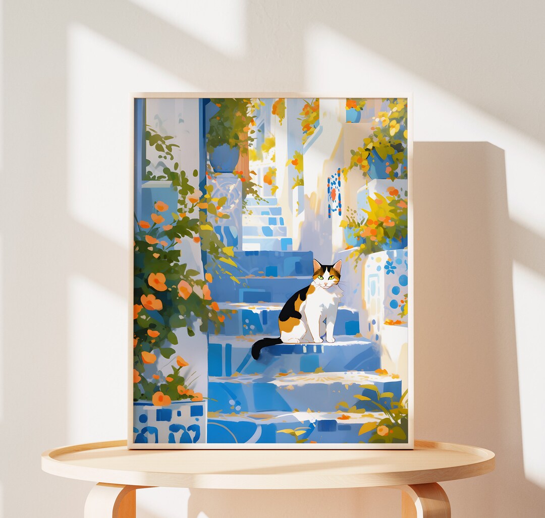 Lovely Calico Cat Print of Morocco Chefchaouen Wall Art of Calico Cat ...