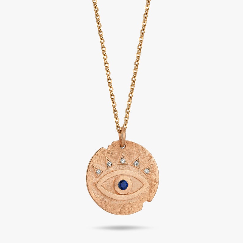14K Gold Diamond Evil Eye Necklace Dainty and Minimalist Sapphire Protection Charm Pendant ...