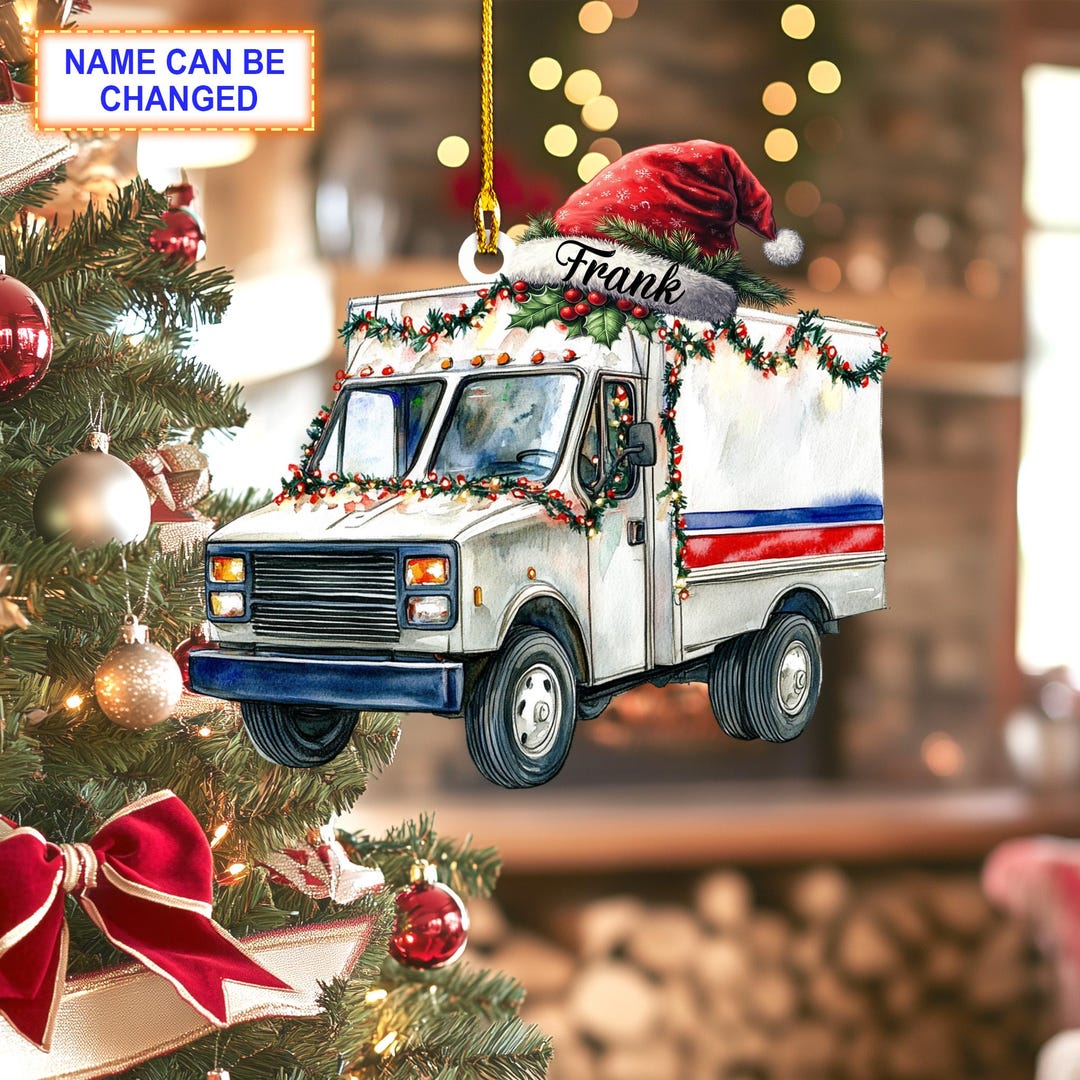 Custom Name Utility Truck With Santa Hat and Christmas Lights Ornament ...