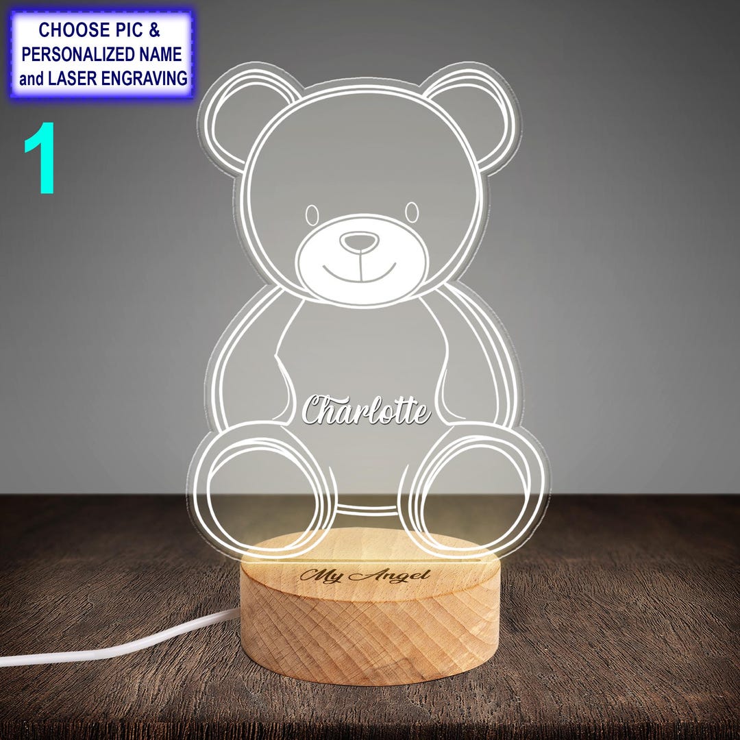 Personalized Teddy Bear Acrylic Night Light With Name Engraving, Beech ...