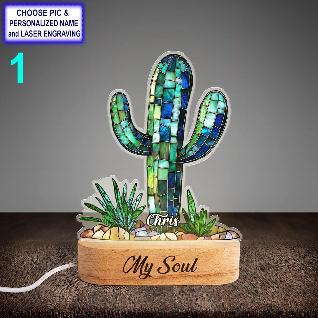 Personalized Cactus Plant Acrylic Night Light With Name Engraving ...